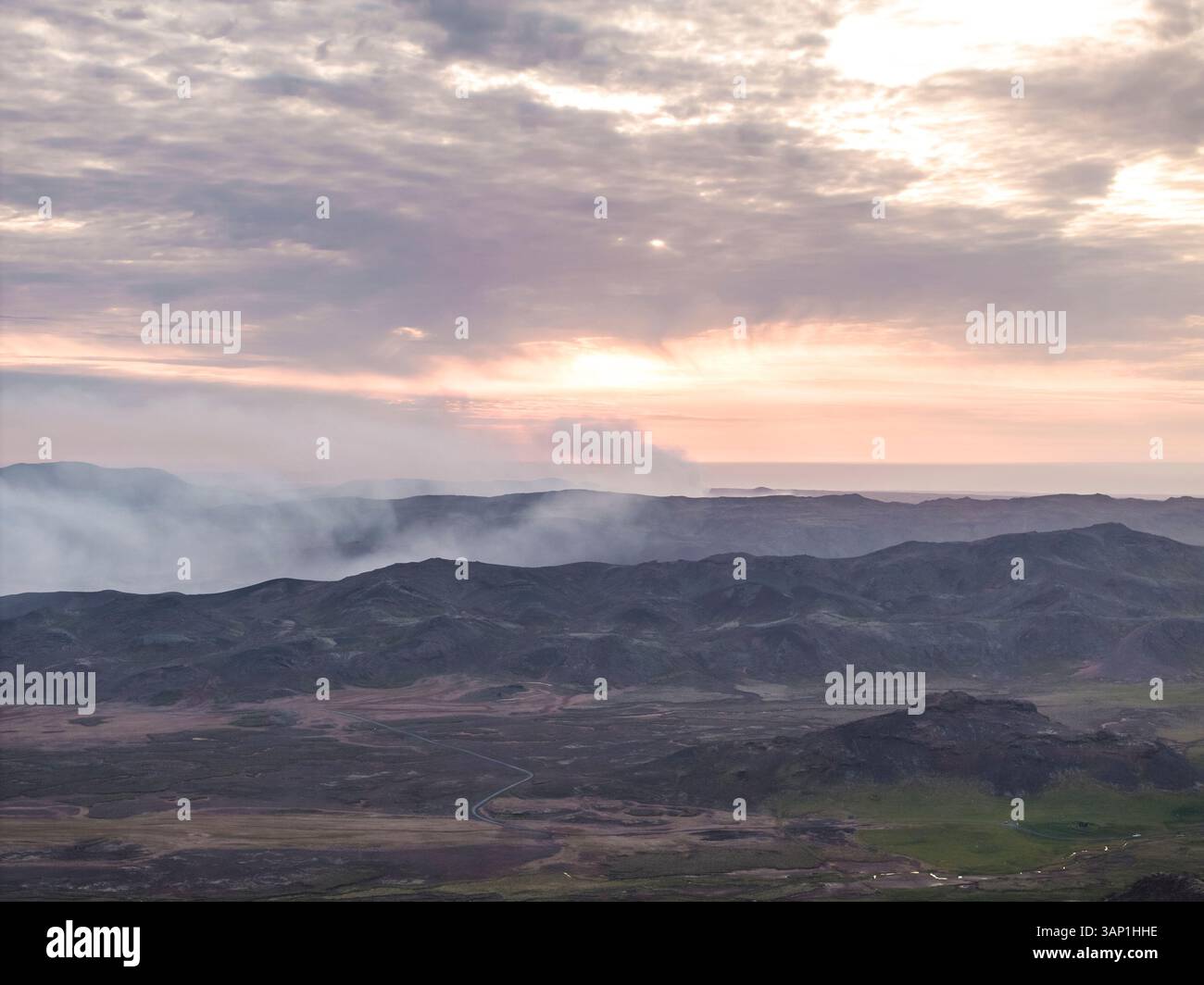 Aerial view of smoke coming from the Litli-Hrutur (Little Ram) Volcano ...