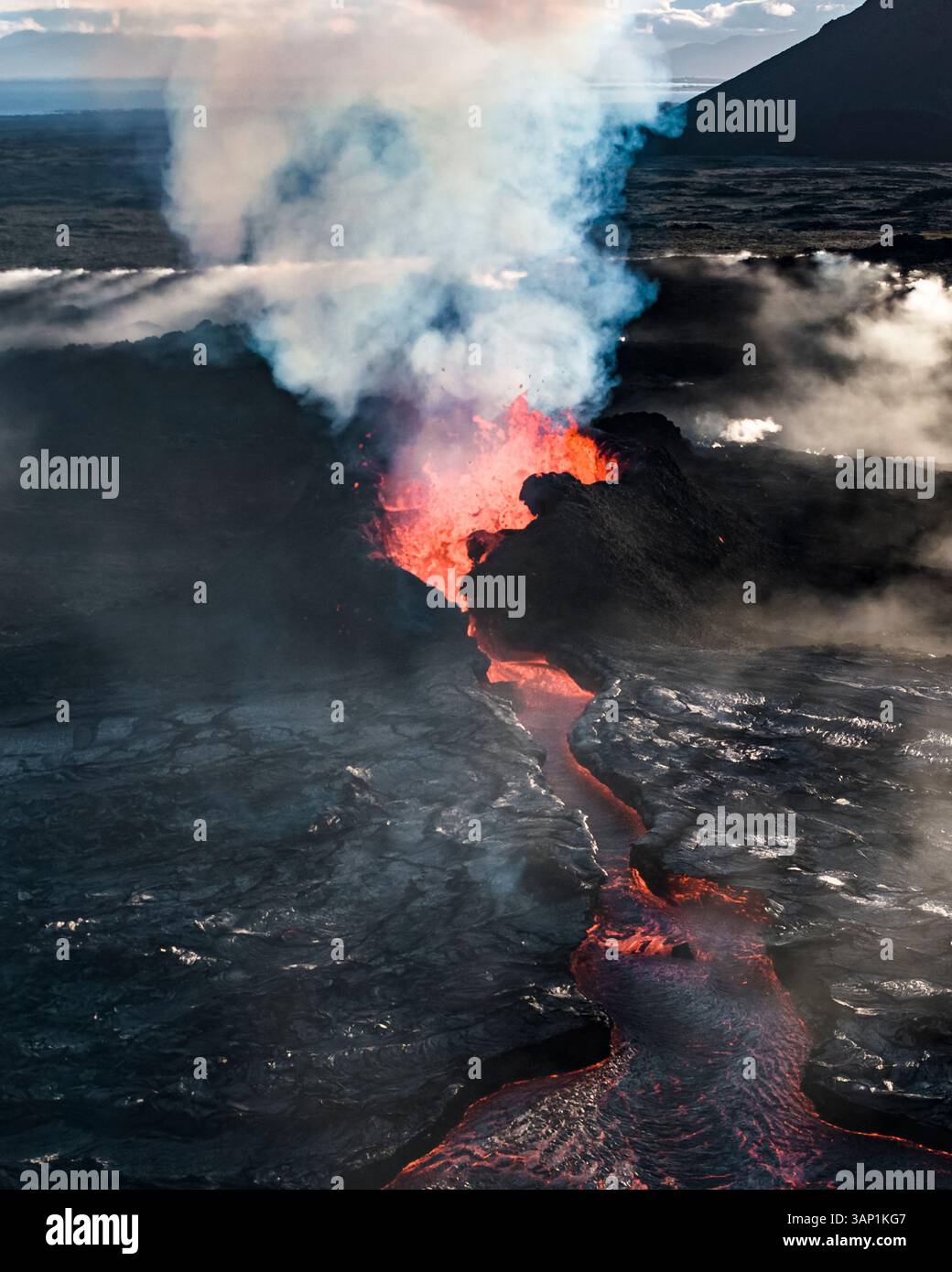 Aerial view of Litli-Hrutur (Little Ram) Volcano during an eruption on ...