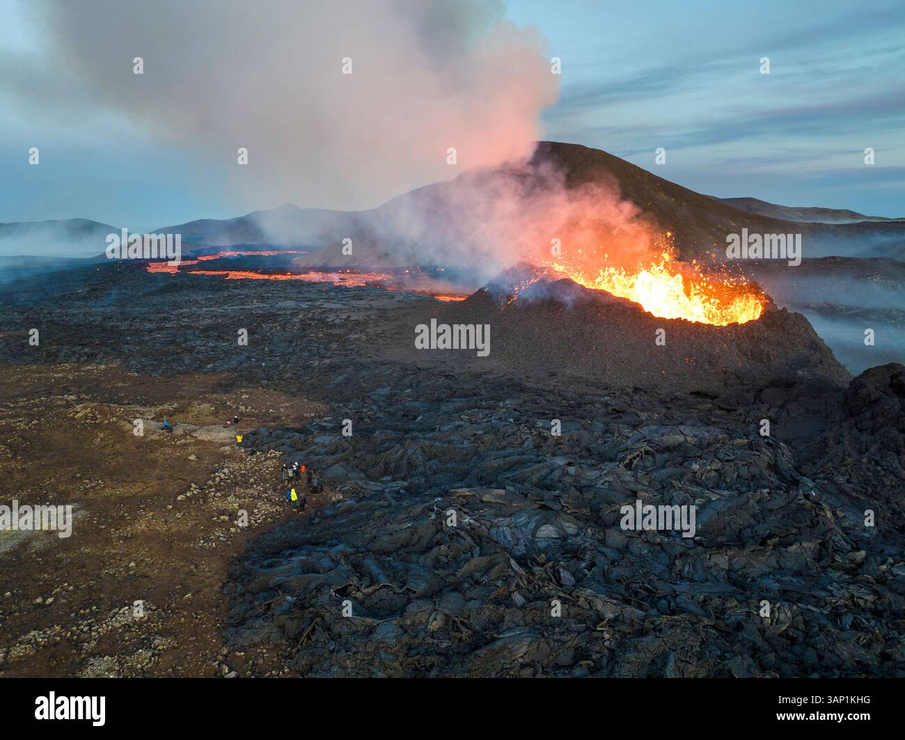Aerial view of Litli-Hrutur (Little Ram) Volcano during an eruption on ...
