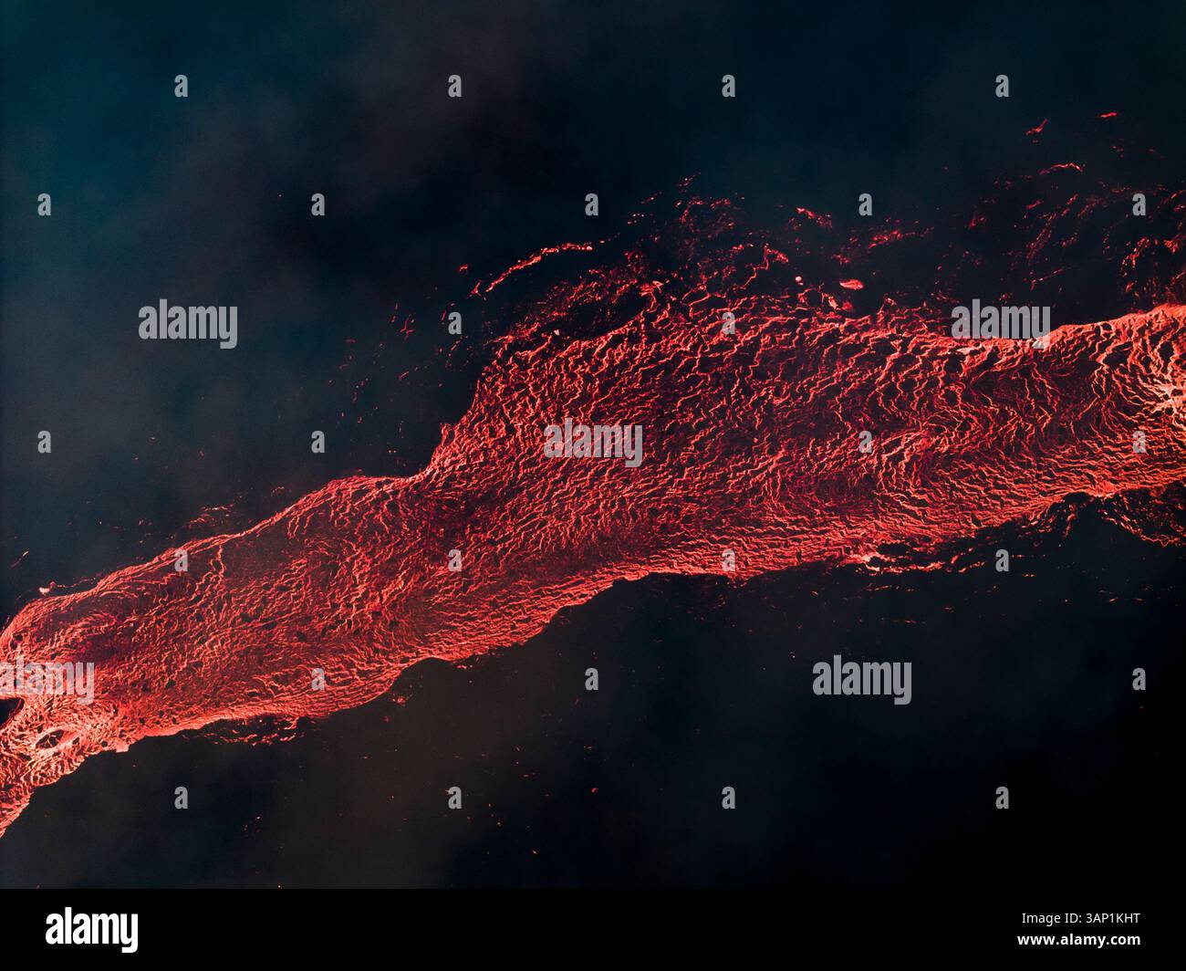 Aerial view of lava flowing from Litli-Hrutur (Little Ram) Volcano ...