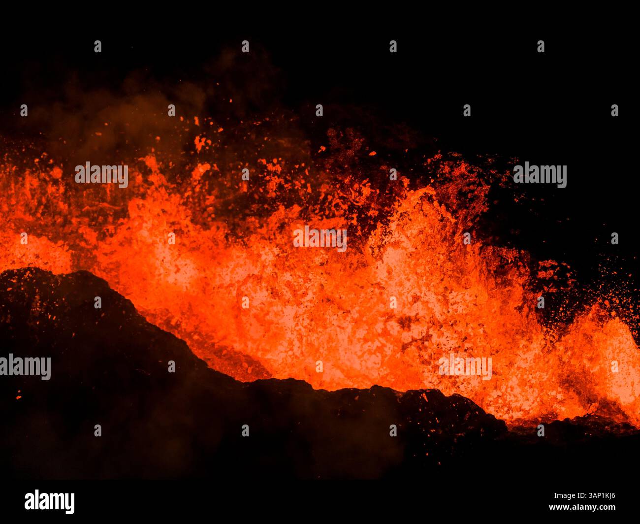 Aerial view of lava flowing from Litli-Hrutur (Little Ram) Volcano ...