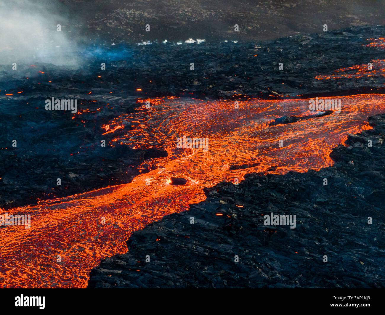 Aerial view of lava flowing from Litli-Hrutur (Little Ram) Volcano ...