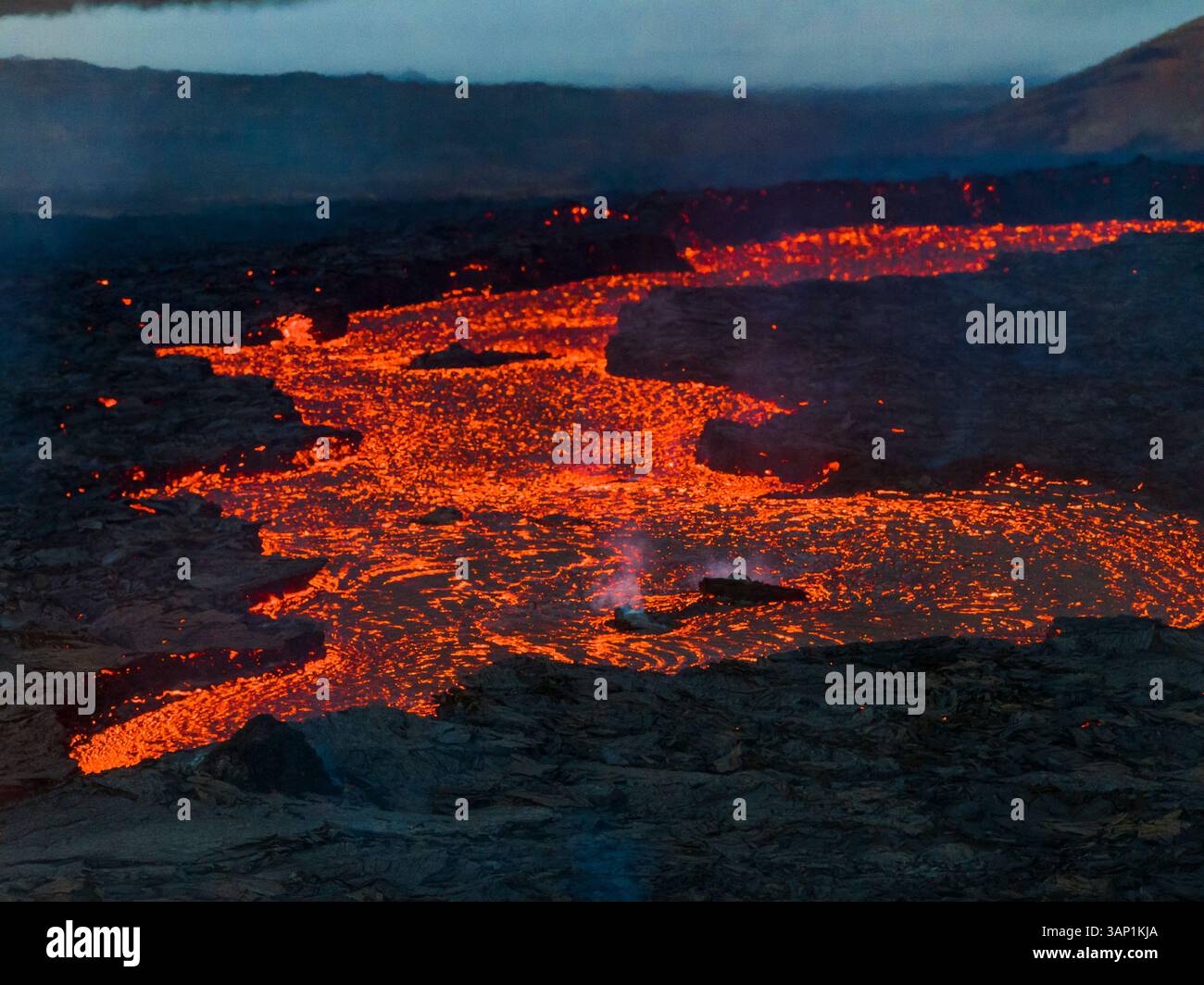 Aerial view of lava flowing from Litli-Hrutur (Little Ram) Volcano ...