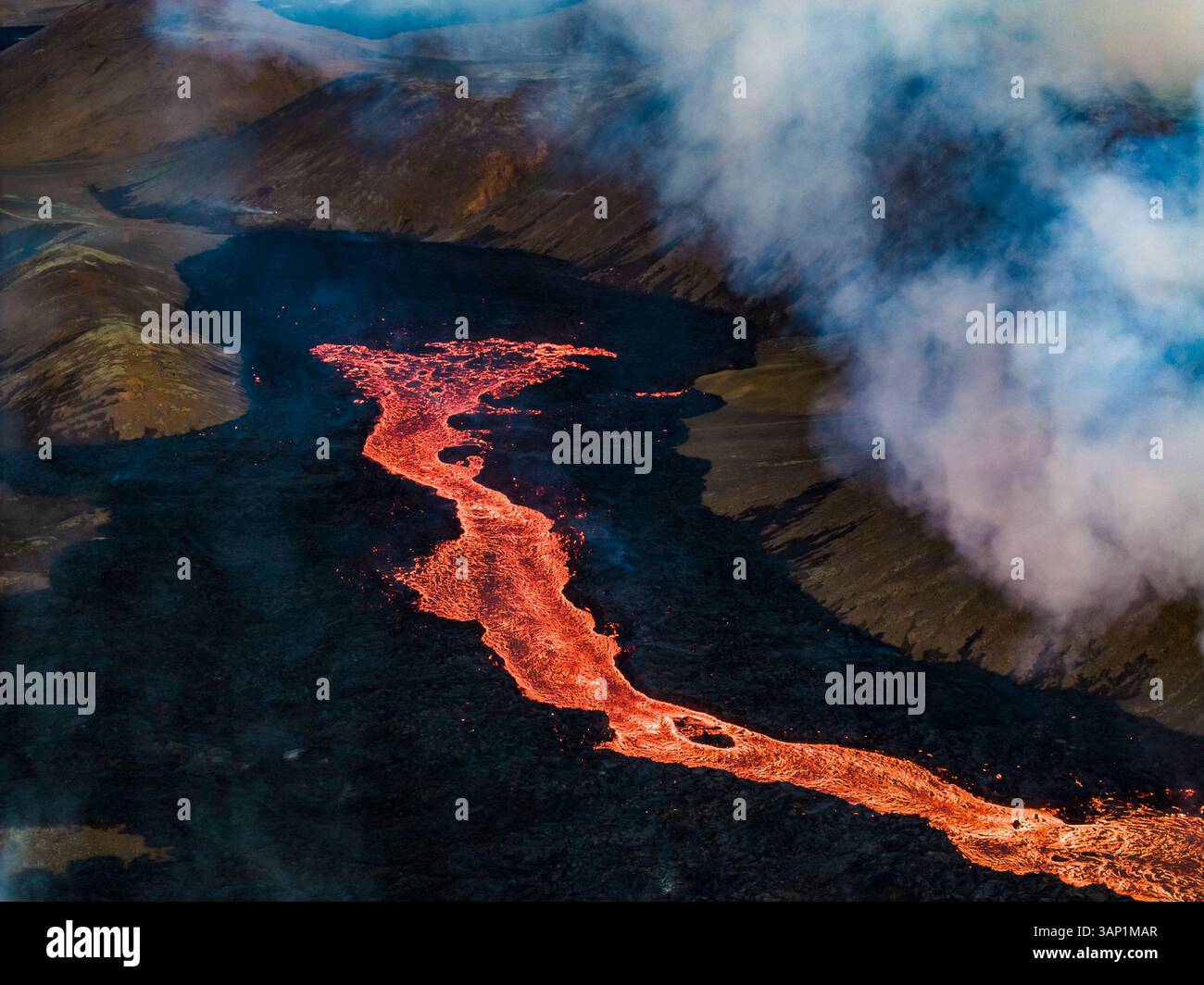 Aerial view of lava flowing from Litli-Hrutur (Little Ram) Volcano ...