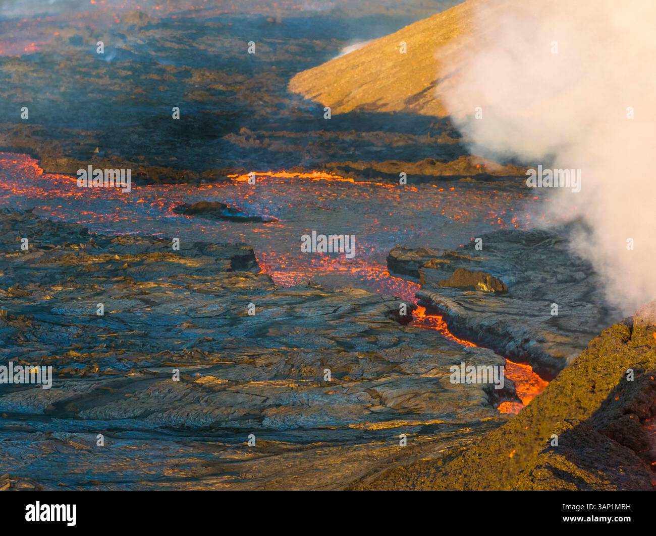 Aerial view of Litli-Hrutur (Little Ram) Volcano during an eruption on ...