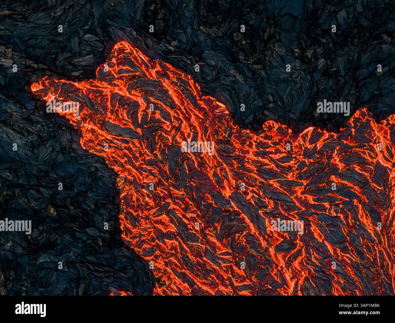 Aerial view of lava flowing from Litli-Hrutur (Little Ram) Volcano ...
