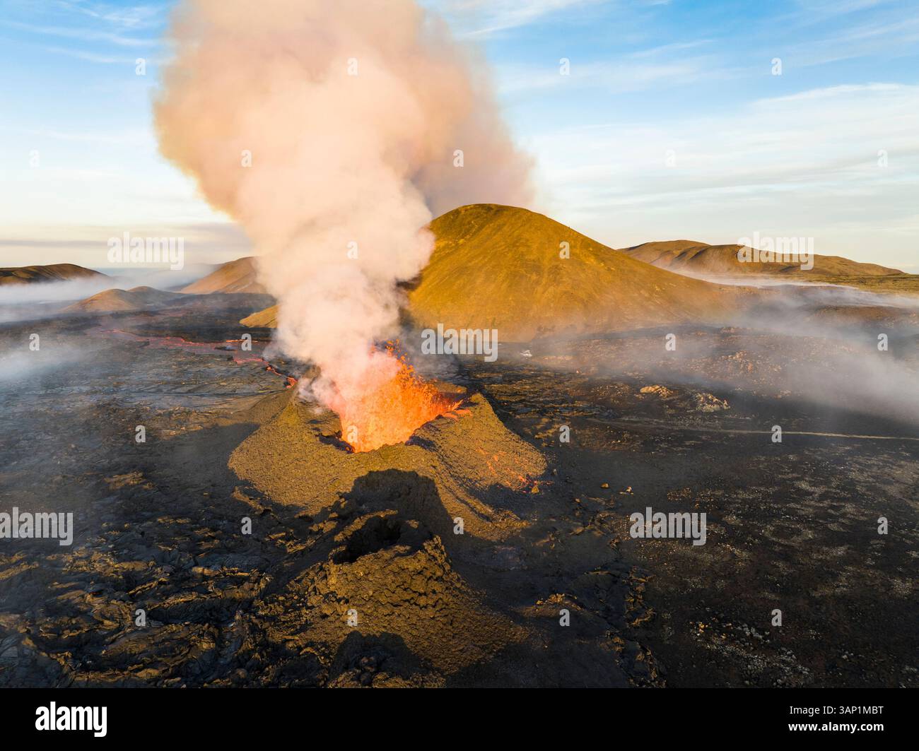 Aerial view of Litli-Hrutur (Little Ram) Volcano during an eruption on ...