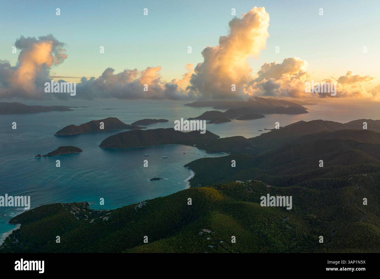 Aerial view of Virgin Islands National Park at sunset, Virgin Islands ...