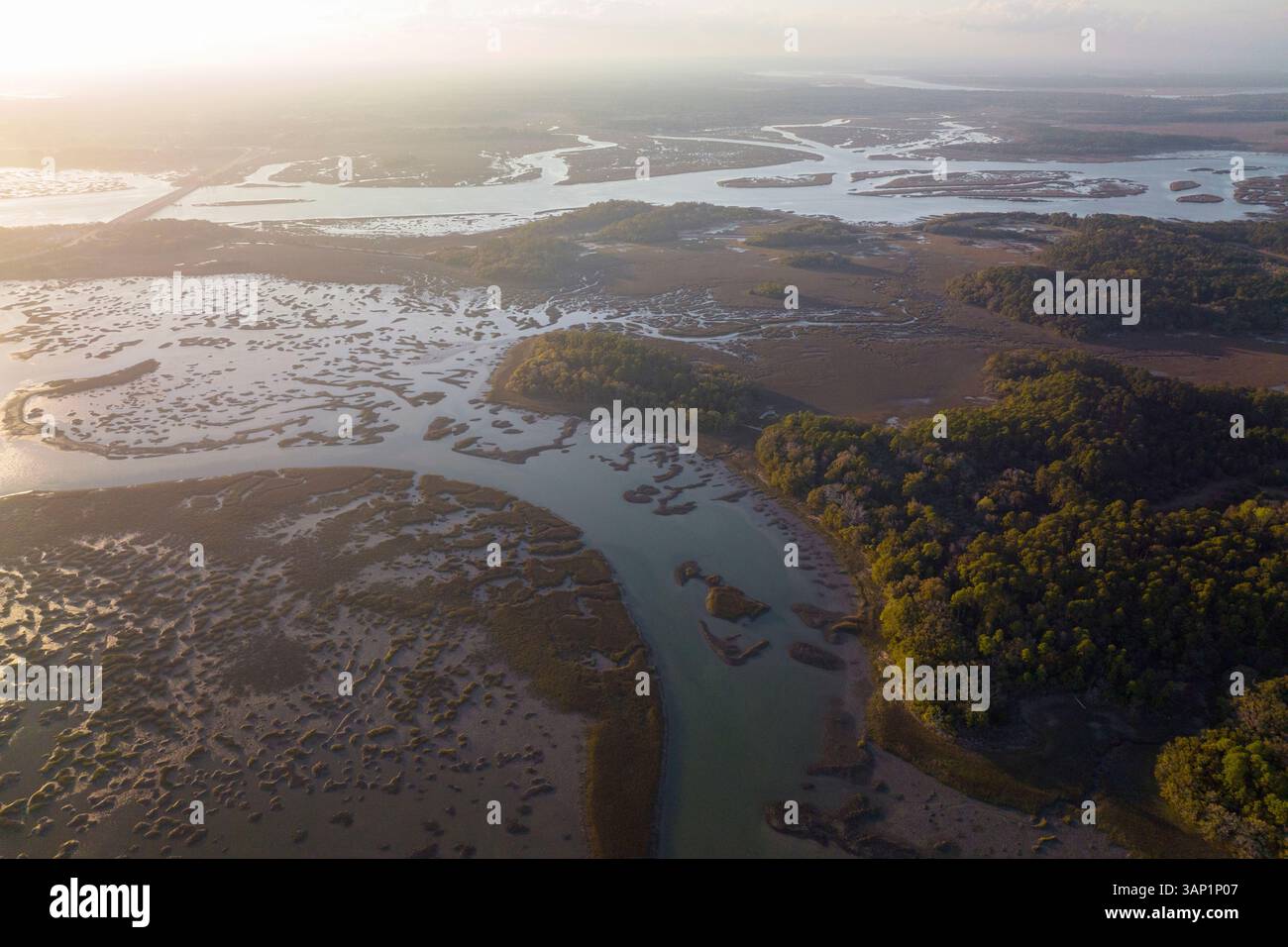 Aerial view of Pinckney Island National Wildlife Refuge at sunset ...
