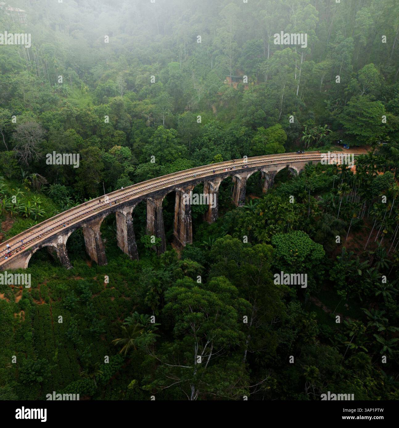 Aerial view of the historic 9 Arches Bridge surrounded by lush green ...