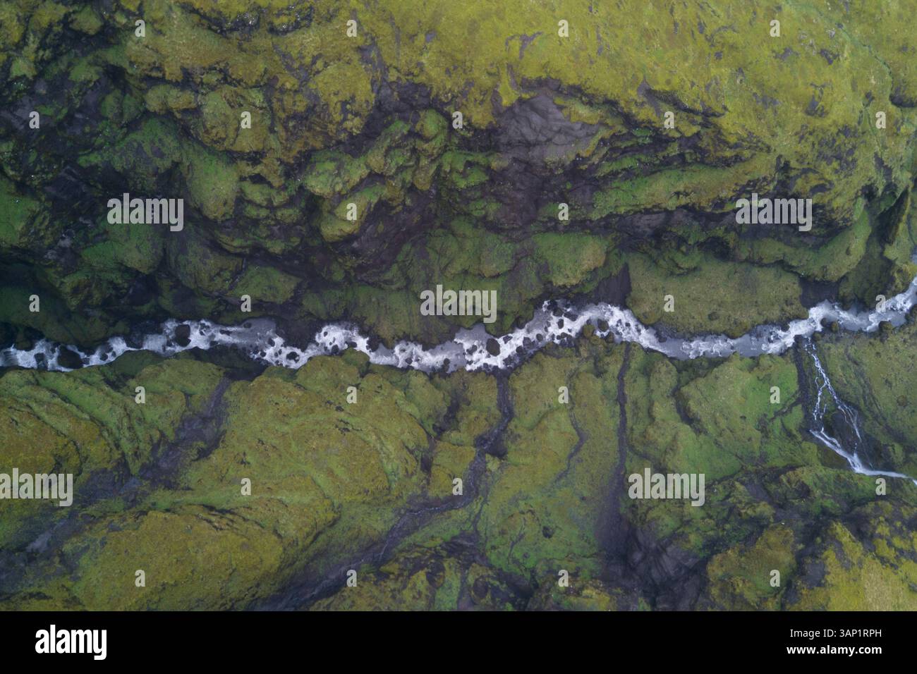 Aerial view about 100 meters above an Icelandic river, shot by drone ...