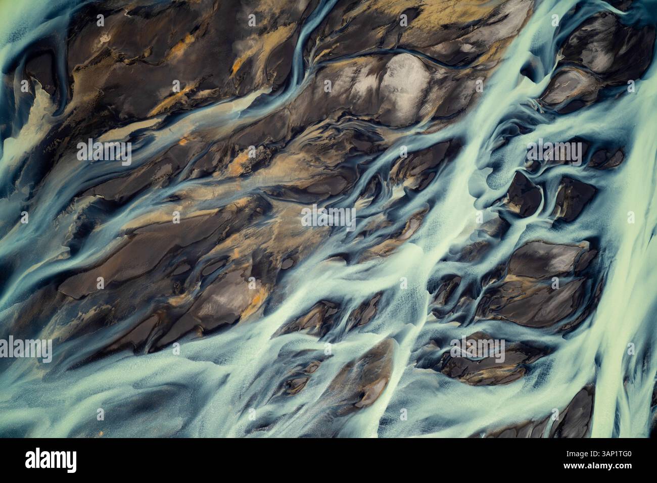 Aerial view of a volcanic river just outside of Villingholt, Iceland ...