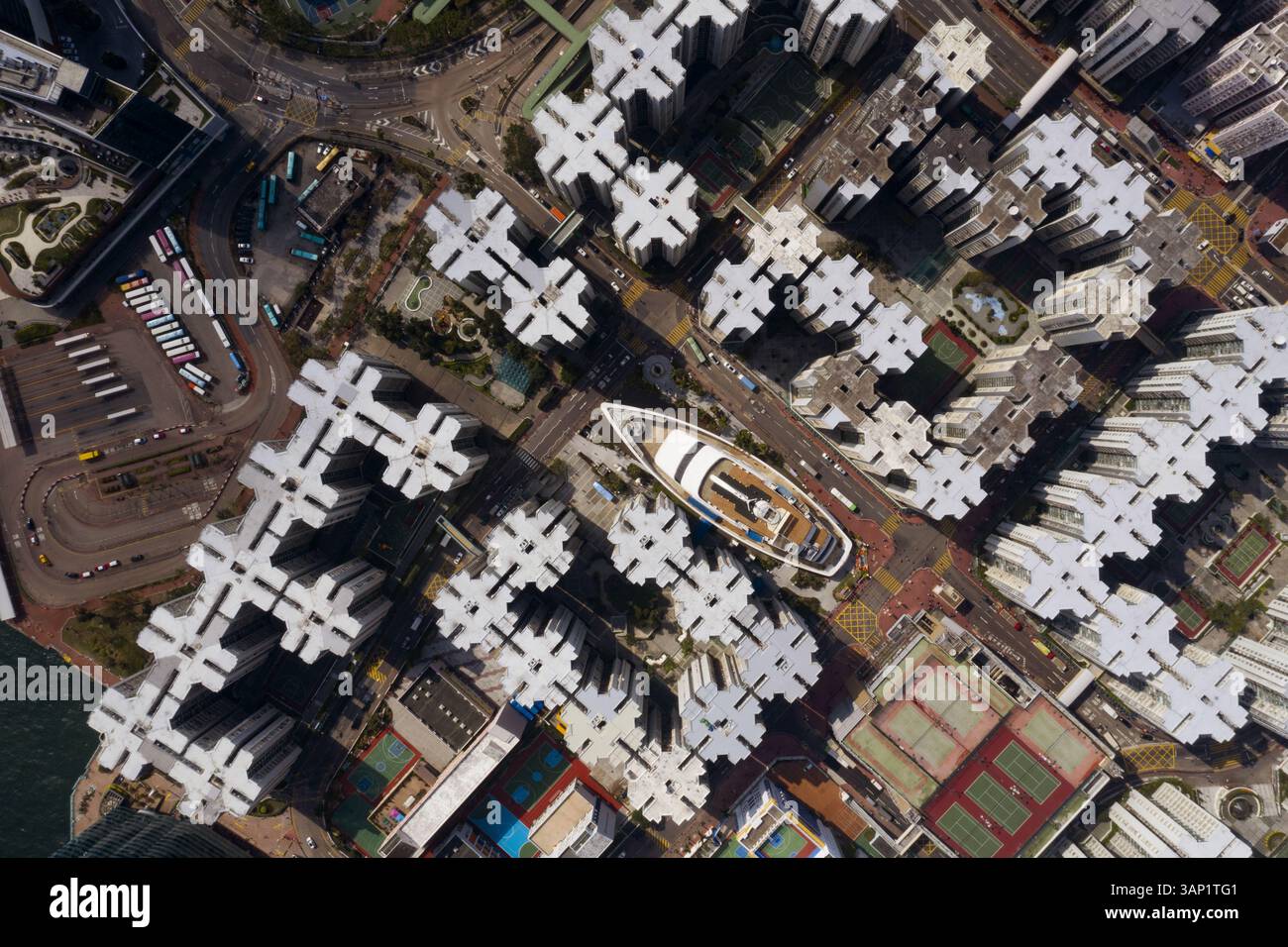 Aerial view of the Whampoa District, in Hong Kong. A yacht shaped ...