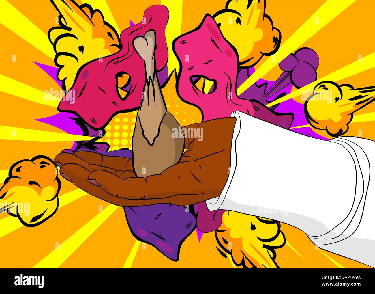 Cartoon, comic book human hands holding chicken drumstick and thigh ...