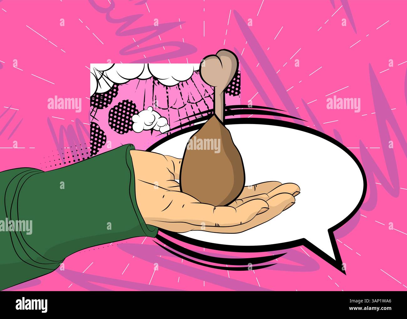 Cartoon, comic book human hands holding chicken drumstick and thigh ...
