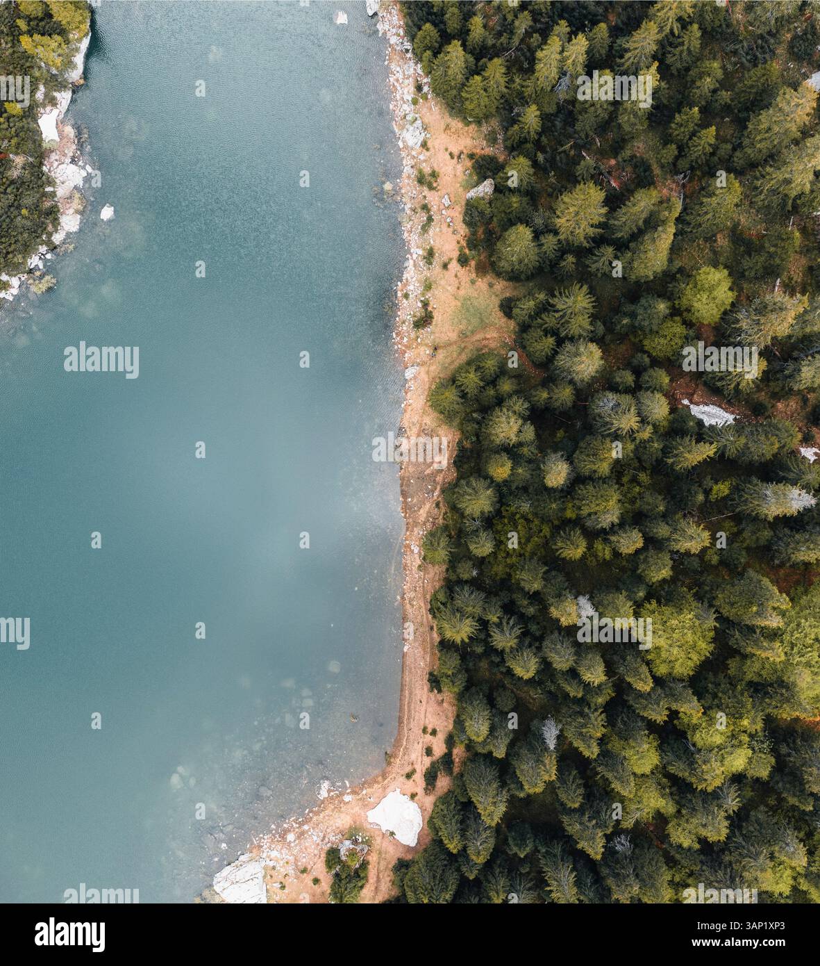 Aerial view of Jablan Lake surrounded by beautiful forest and clear ...