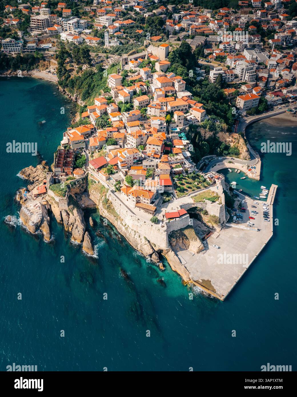 Aerial view of the historic town of Kalaja with beautiful coastal ...