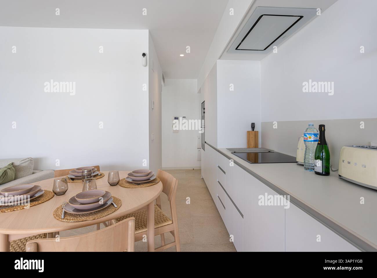 Minimalist kitchen corridor view with built-in appliances and a cozy ...