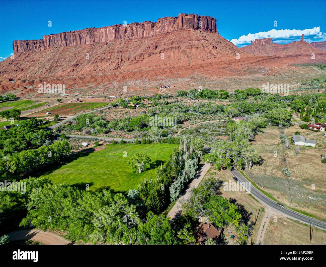 Aerial view of Castleton and Mother Superior rock, Castle Valley, Utah ...