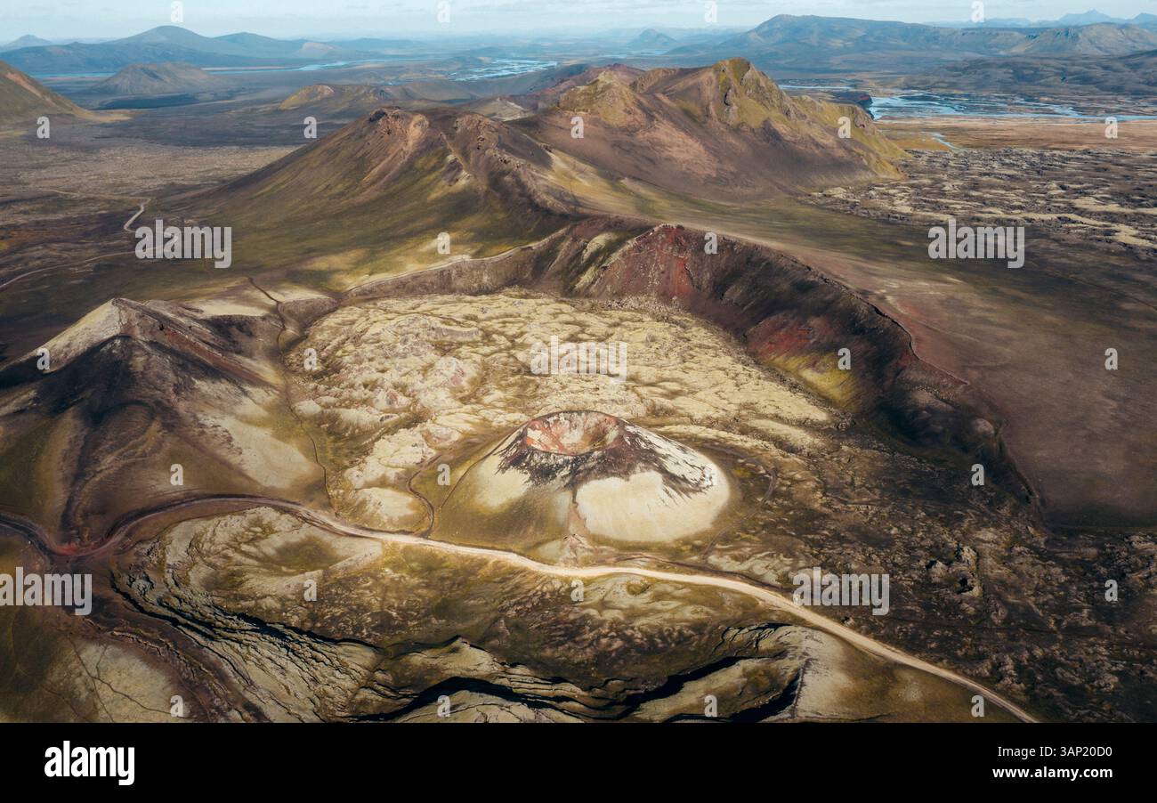 Aerial view of Stutur volcano with rugged terrain and expansive lava ...