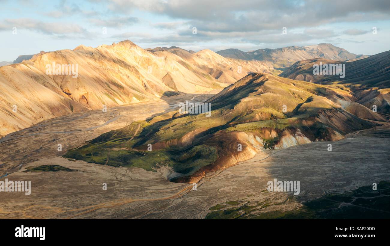 Aerial view of majestic Landmannalaugar mountains and serene valleys ...