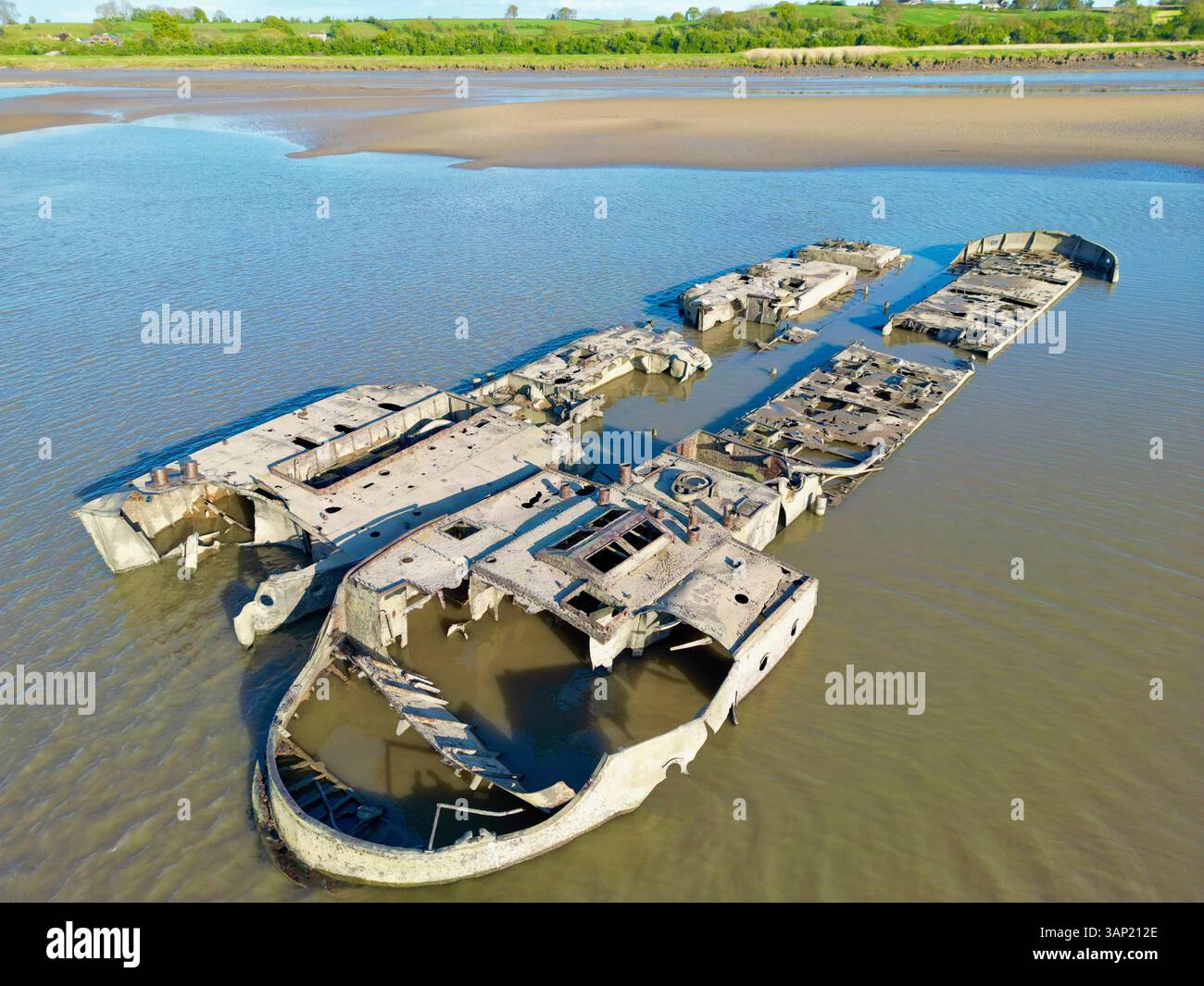 Aerial view of shipwrecks along the serene River Severn, Berkeley ...