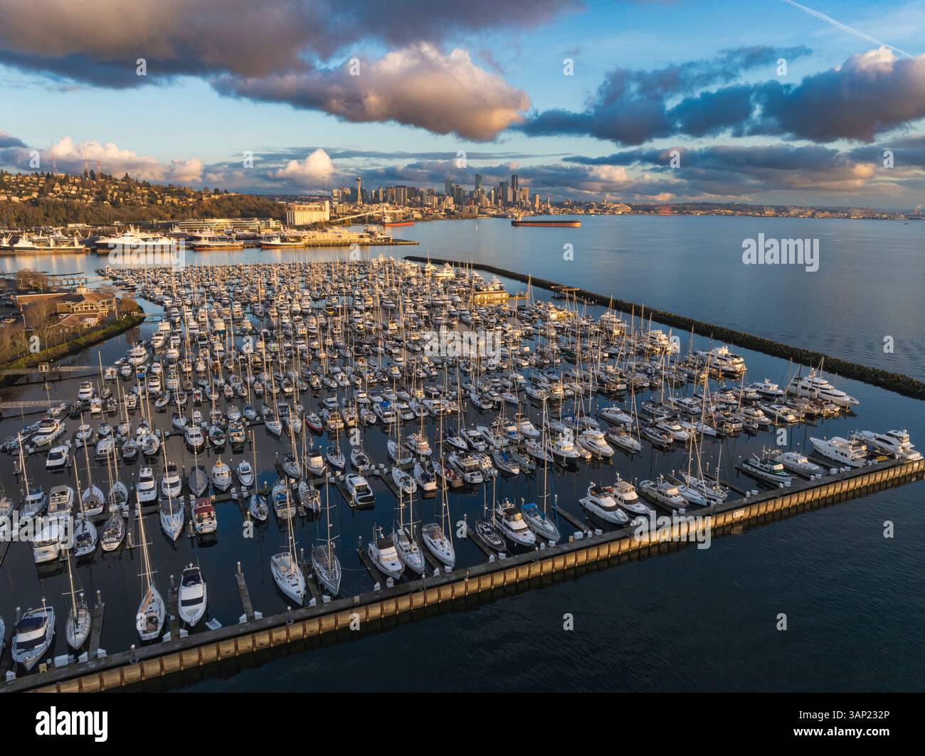 Aerial view of Smith Cove Marina with beautiful boats and a serene ...