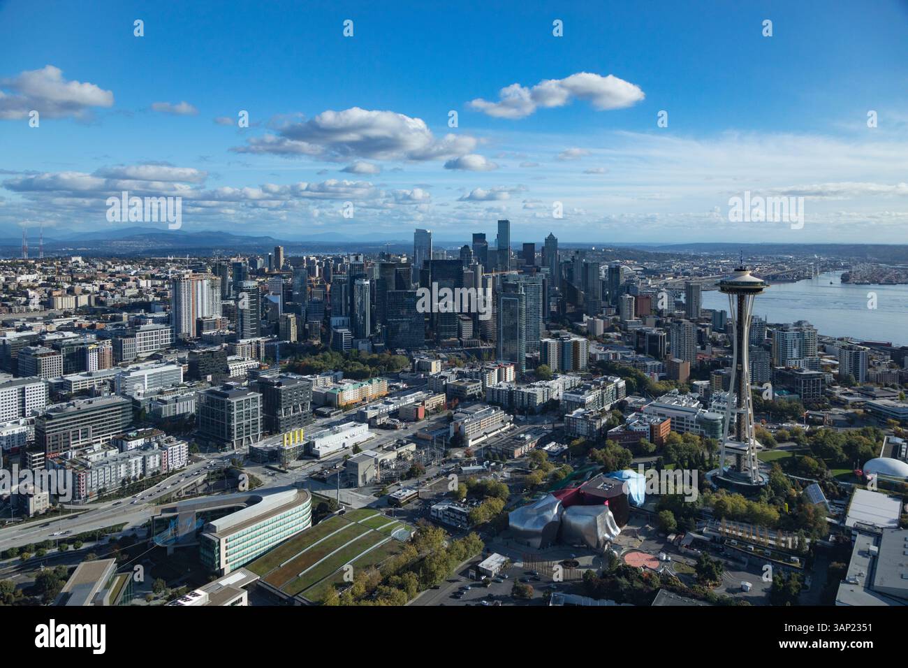 Aerial view of vibrant downtown skyline featuring the iconic Space ...