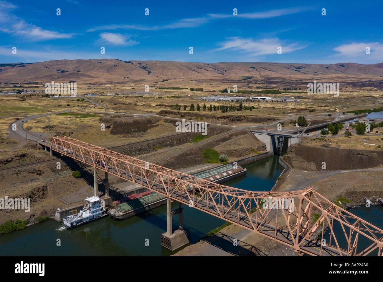 Aerial view of The Dalles Bridge over the scenic river with a breathtaking landscape and ...