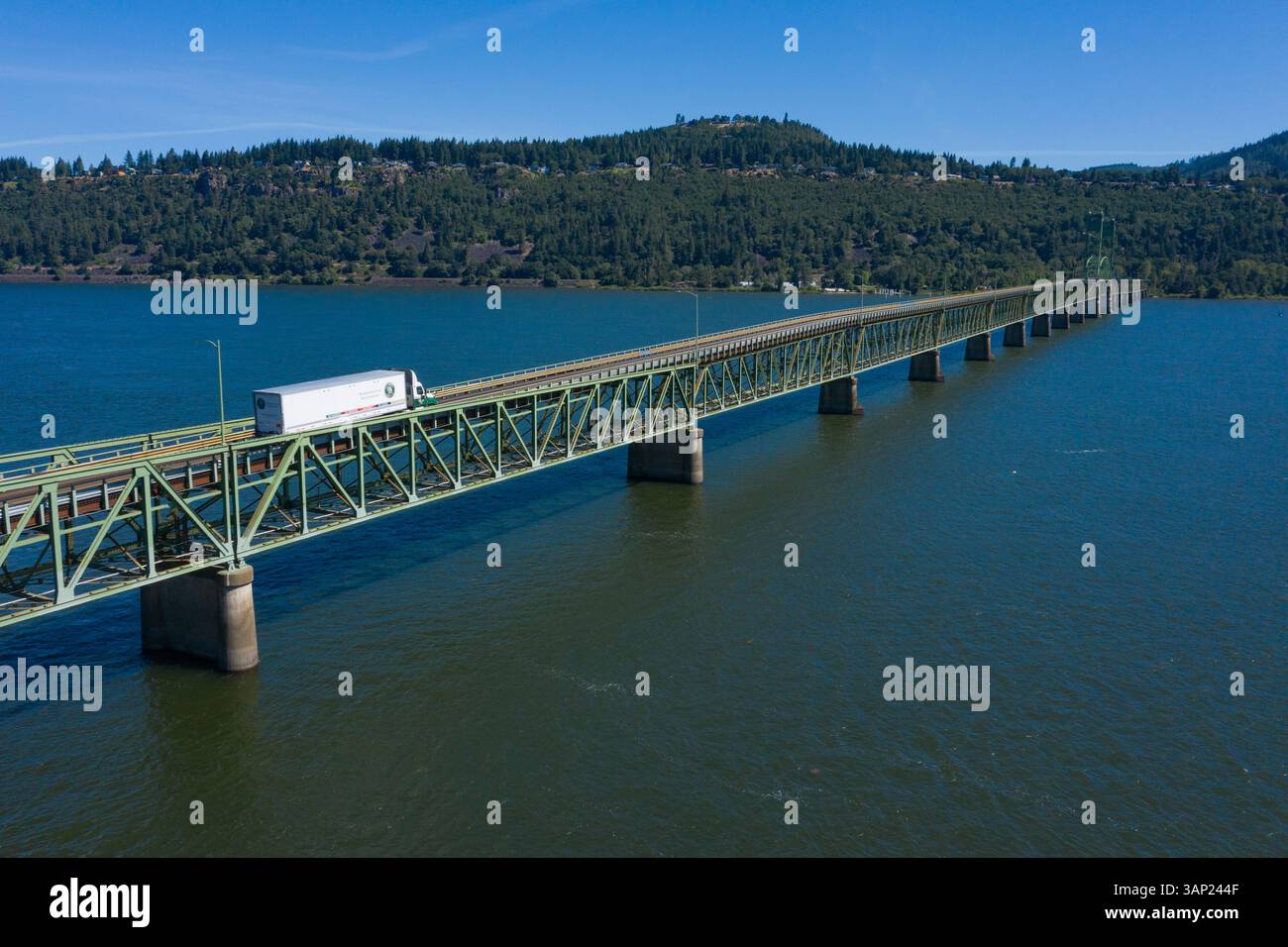 Aerial view of hood river bridge crossing the columbia river with a ...