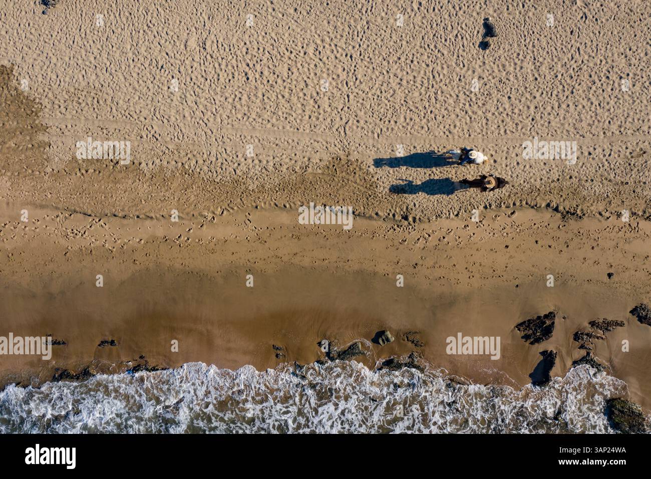 Aerial view of tranquil Playa Troncones beach with a horse casting a ...