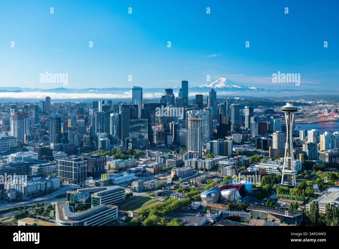 Aerial view of the iconic skyline featuring the Space Needle and Mt ...