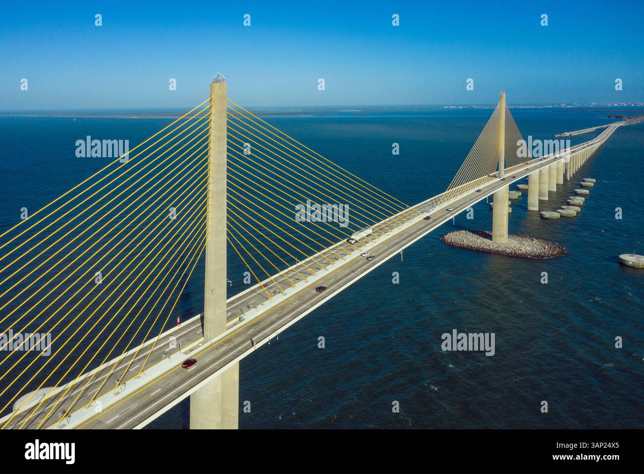 Aerial view of cars and trucks on Sunshine Bridge over Tampa Bay, St ...