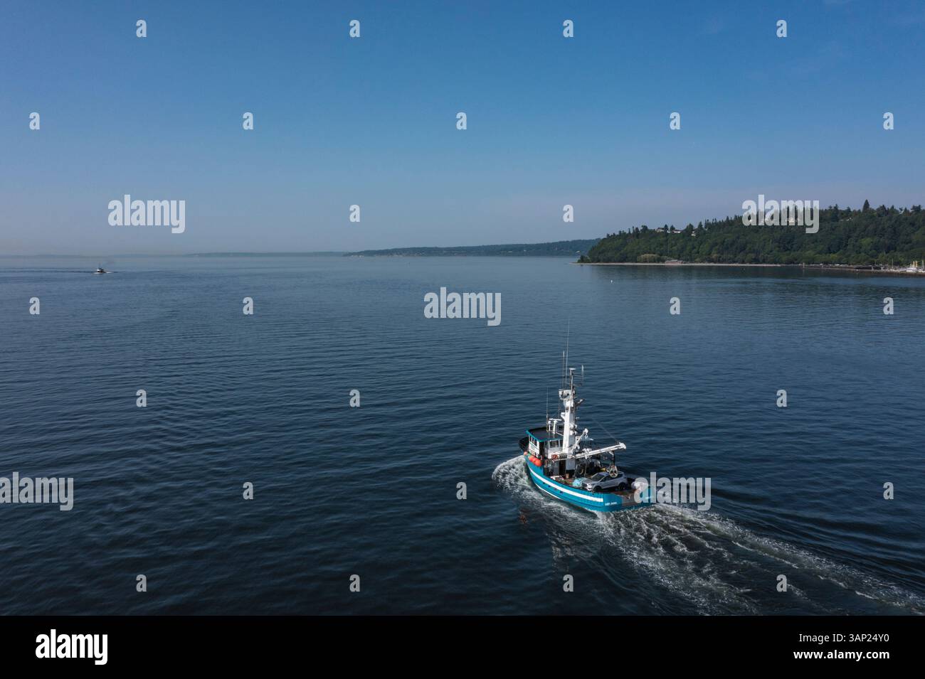 Aerial view of fishing boat in Shilshole Bay, Seattle, United States ...
