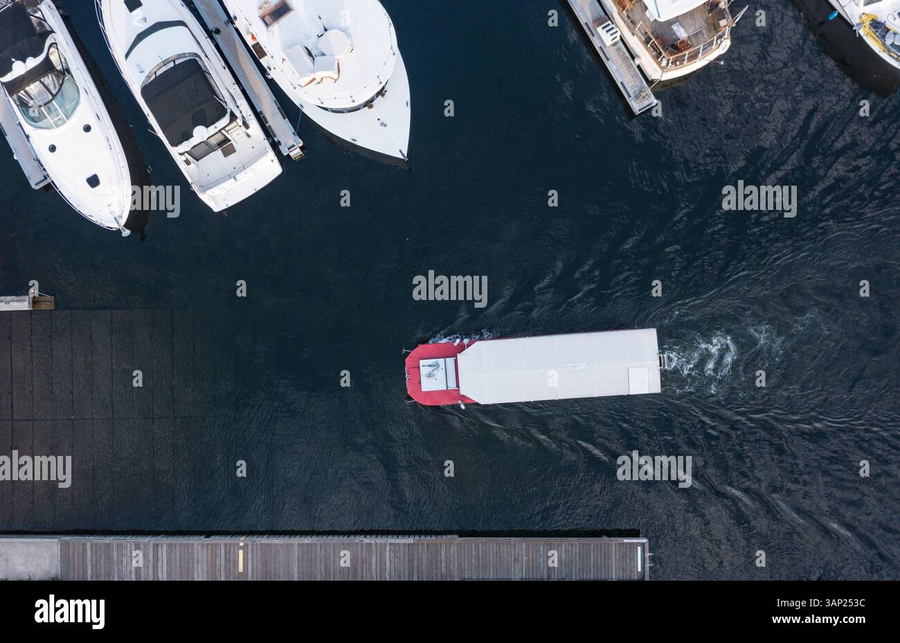 Aerial view of Lake Union with amphibious vehicle and boats, Seattle ...