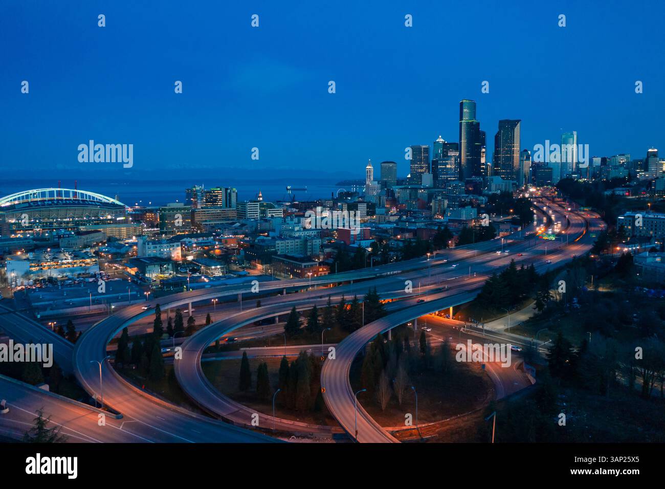 Aerial view of downtown Seattle skyline with Interstate 5 & 90 ...