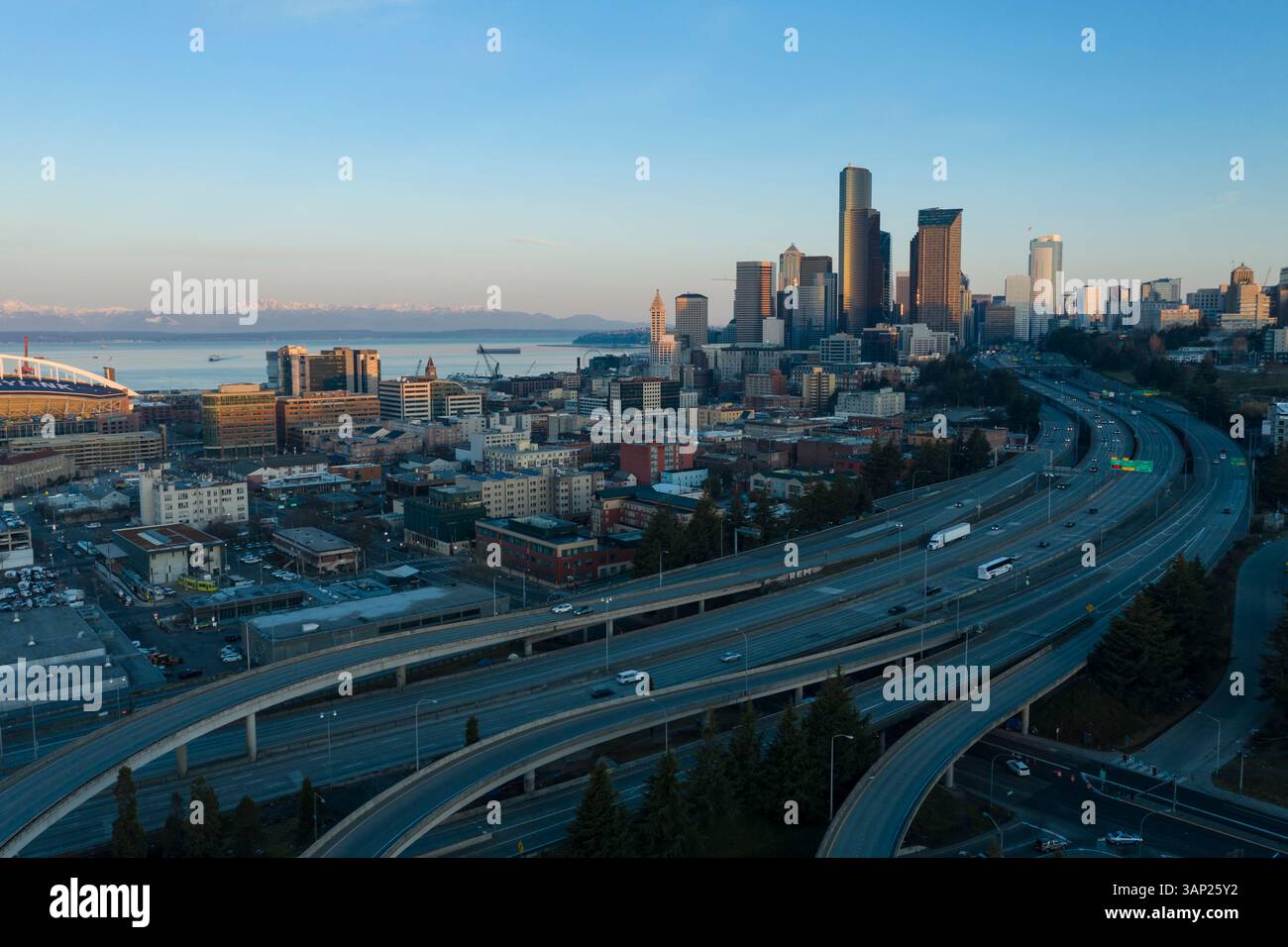 Aerial view of downtown Seattle skyline with highways, buildings, and ...