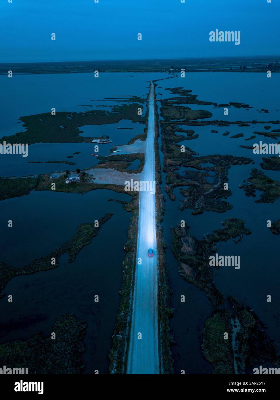 Aerial view of suspended bridge over Kalochori Lagoon, Kalochori ...