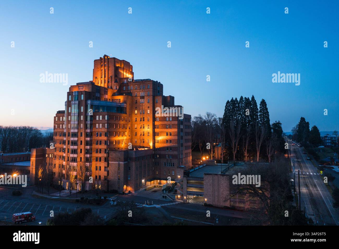 Aerial view of illuminated Seattle Central College Health Education ...