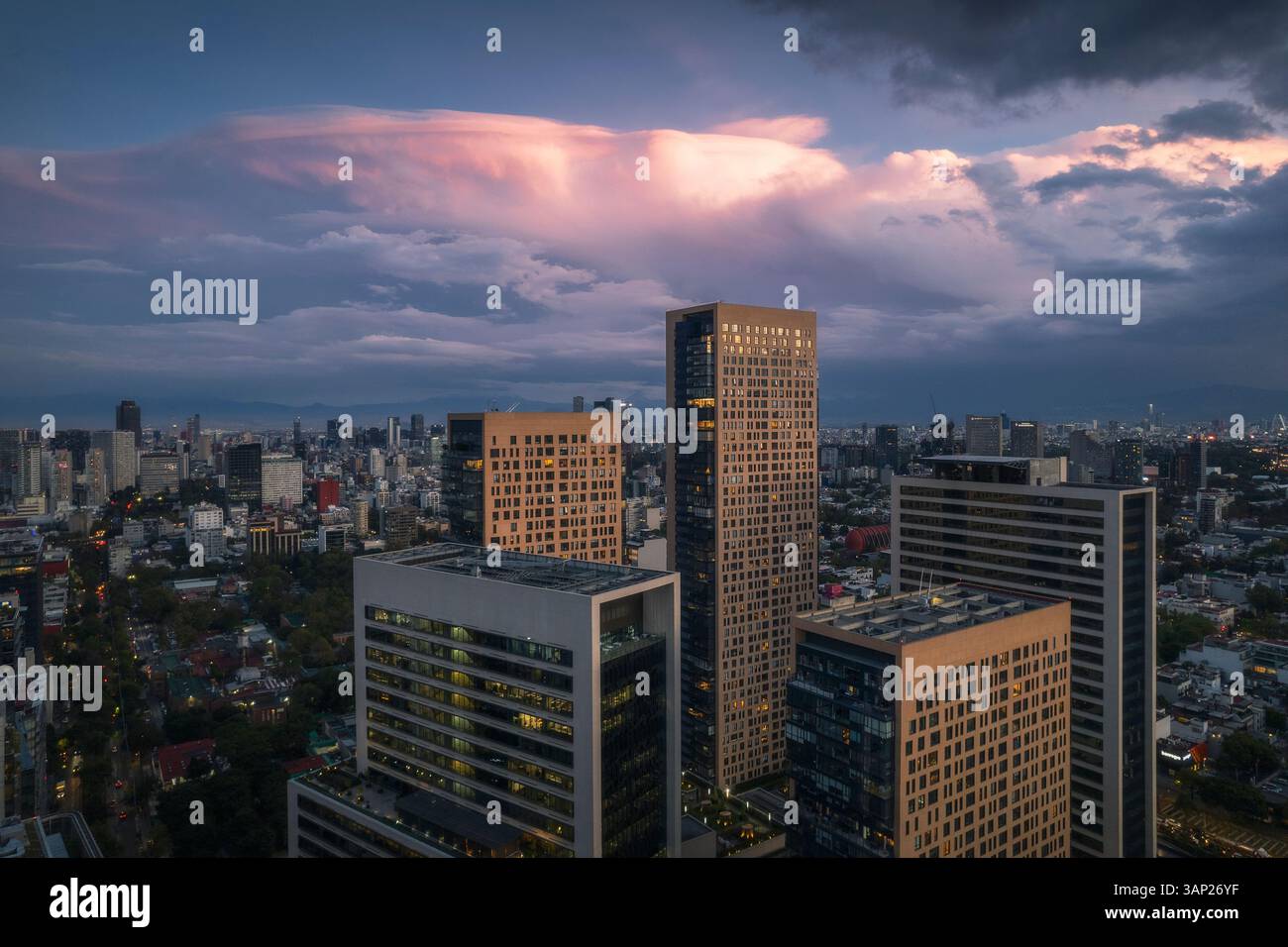Aerial view of Miyana tower and modern buildings at sunset in Polanco ...