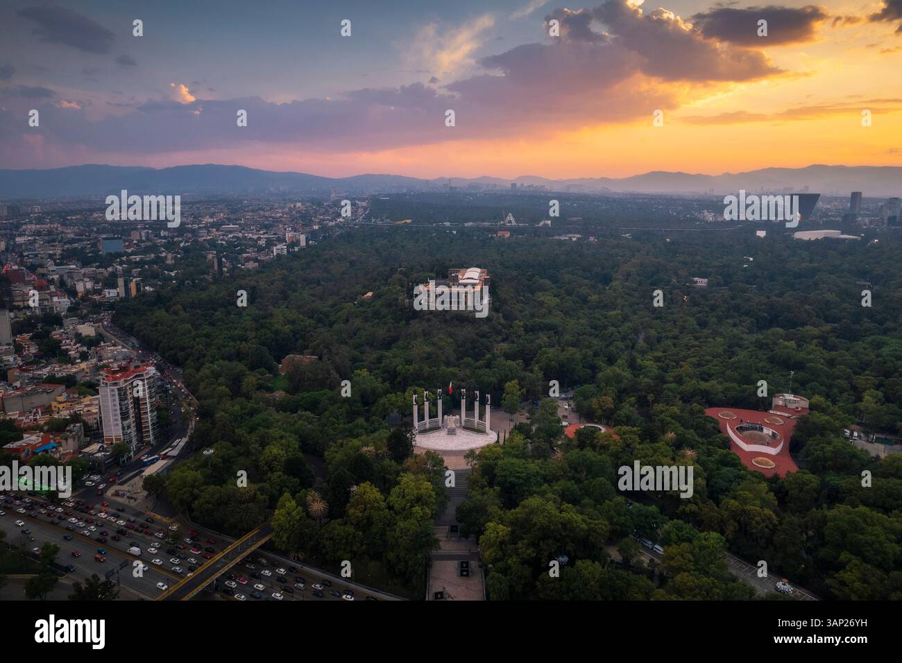 Aerial view of Castillo de Chapultepec and Monumento a los Ninos Heroes ...