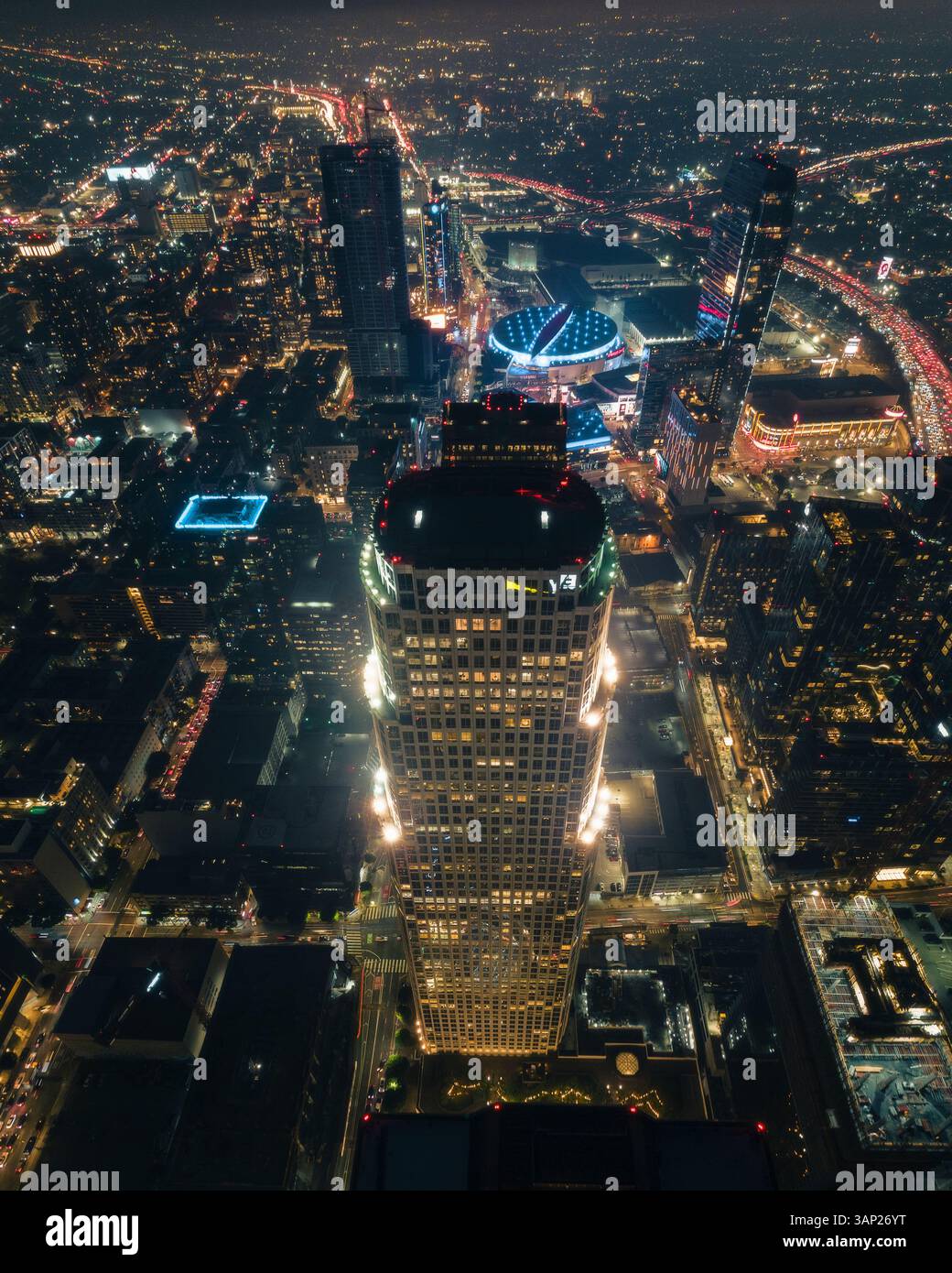 Aerial view of downtown Los Angeles at night with vibrant city lights ...
