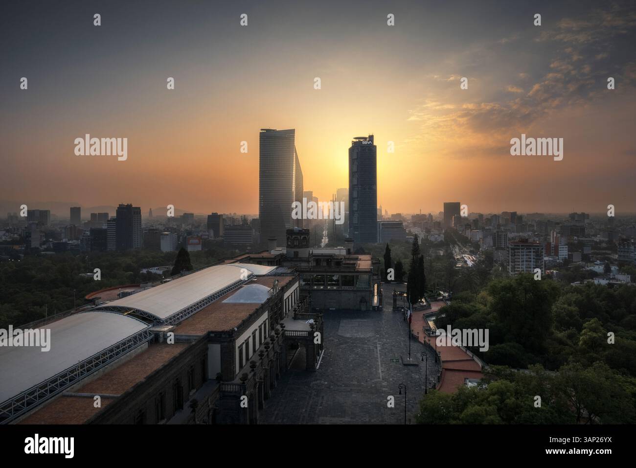Aerial view of the skyline with skyscrapers and Castillo de Chapultepec ...