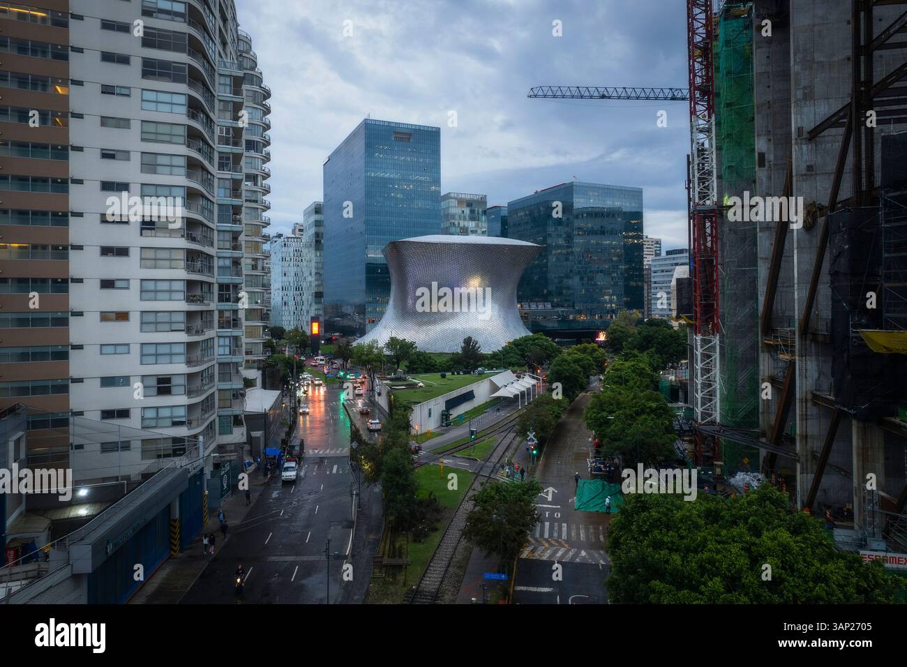 Aerial view of soumaya museum and modern skyscrapers in urban landscape ...