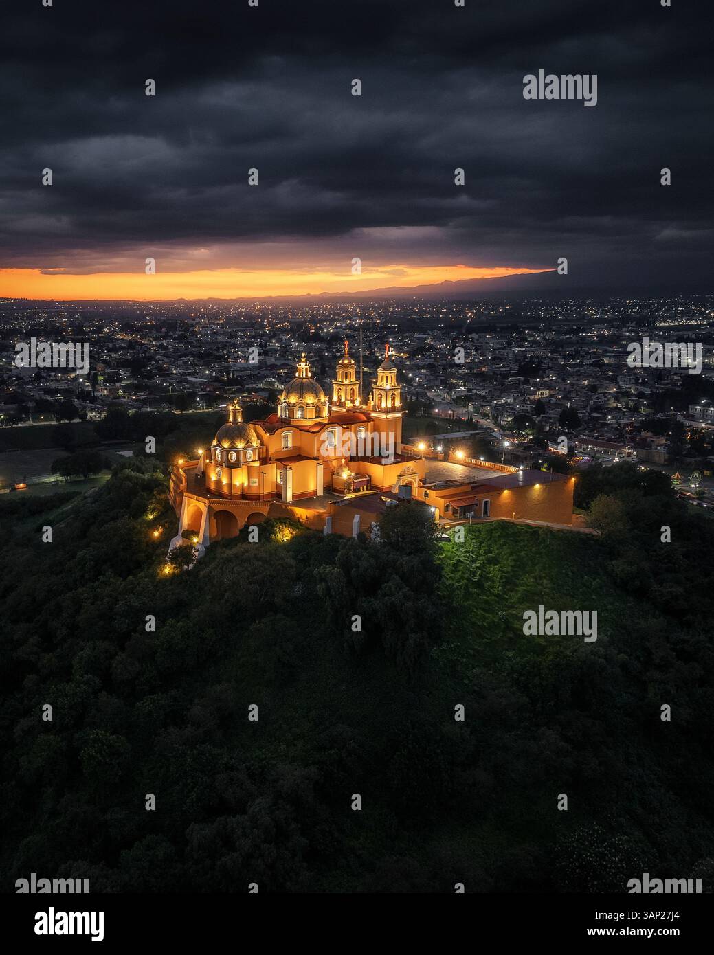 Aerial drone view of Nuestra Señora de los Remedios sanctuary, a famous ...