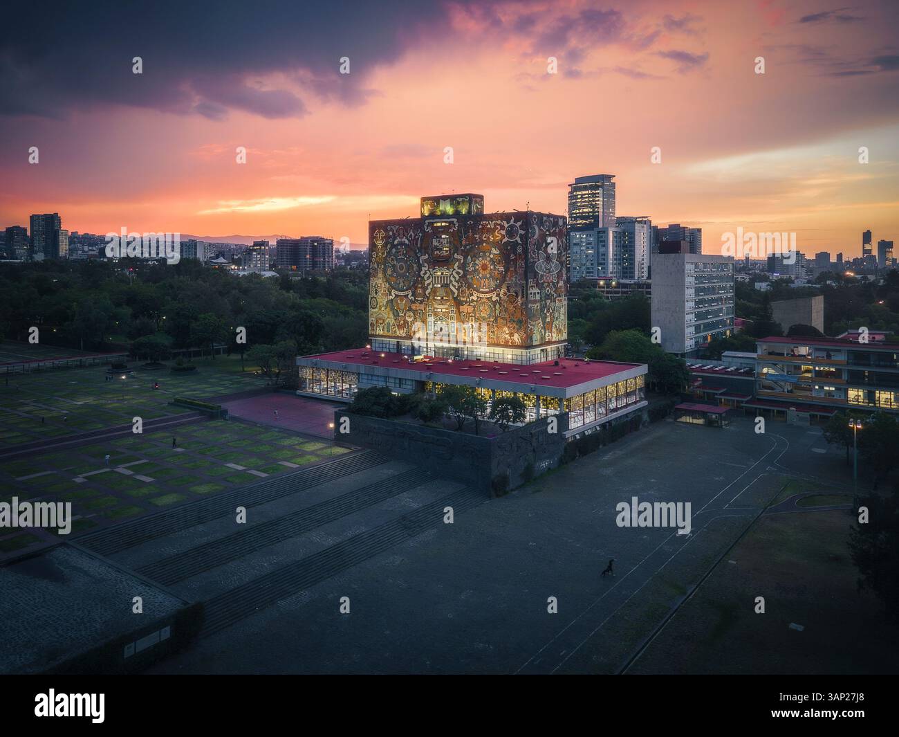 Aerial view of biblioteca central unam at sunset with beautiful ...