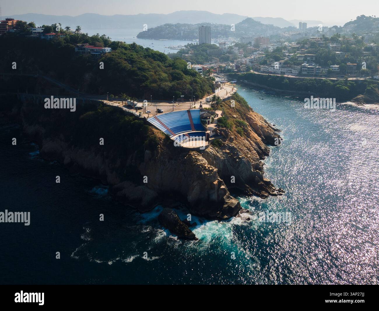 Aerial view of La Quebrada cliffs overlooking the ocean with a ...