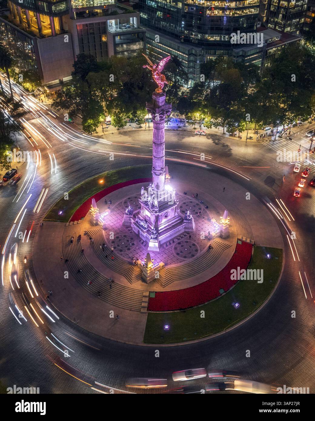 Aerial drone view of Angel de la Independencia with christmas ornaments ...