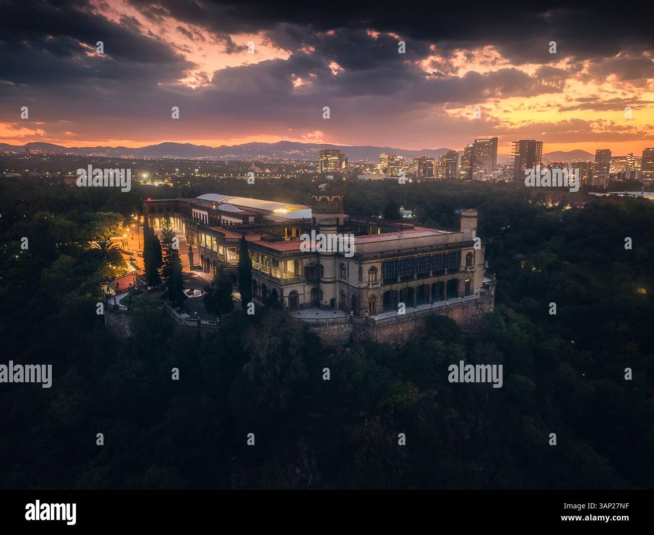 Aerial view of Chapultepec Park with Castillo de Chapultepec and city ...