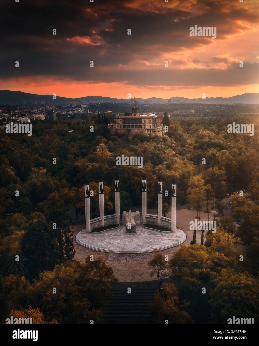 Aerial view of Chapultepec Park with Castillo de Chapultepec and ...